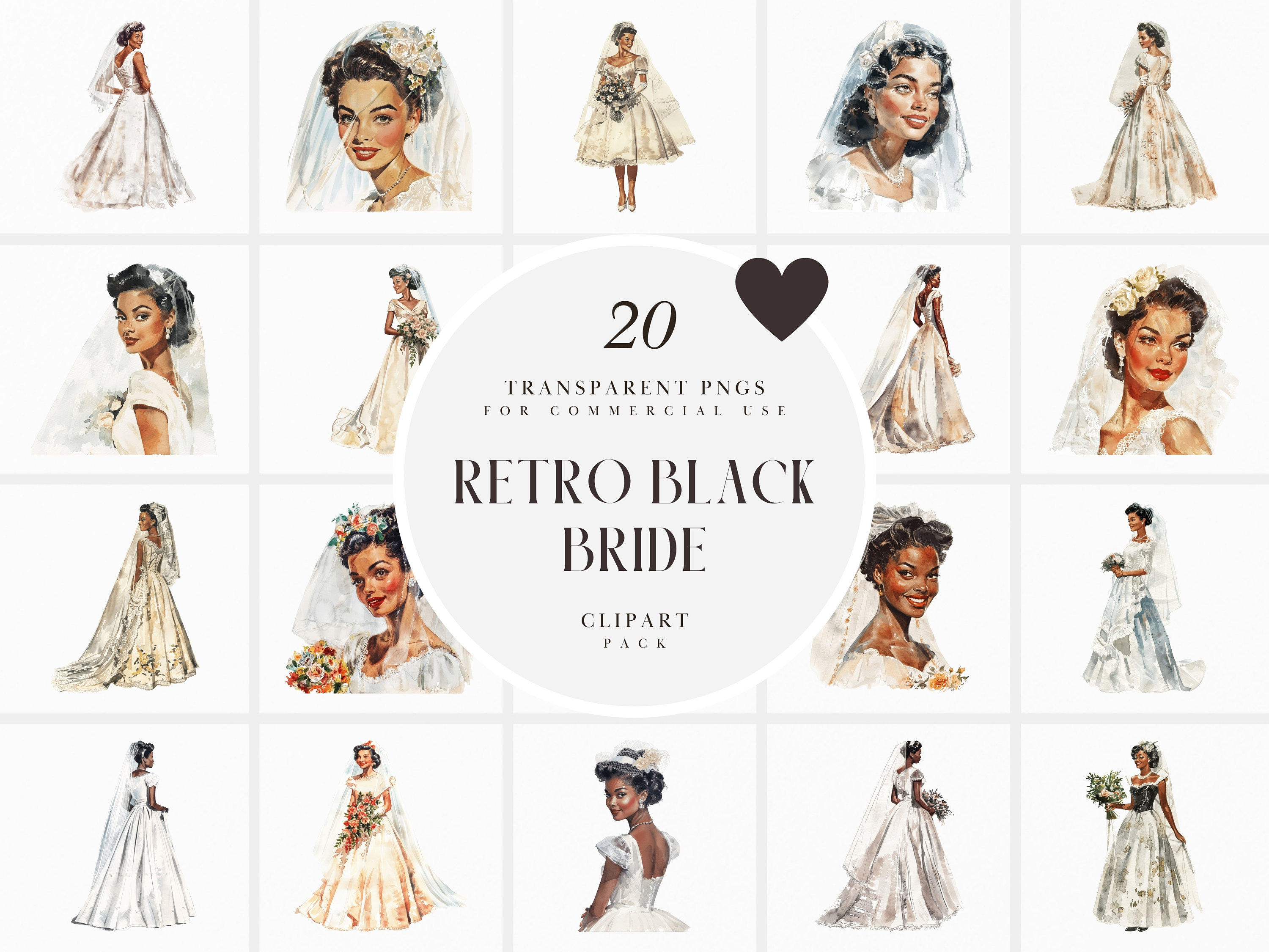 Watercolor Retro Black Bride Clipart, African American Pin up Vintage ...