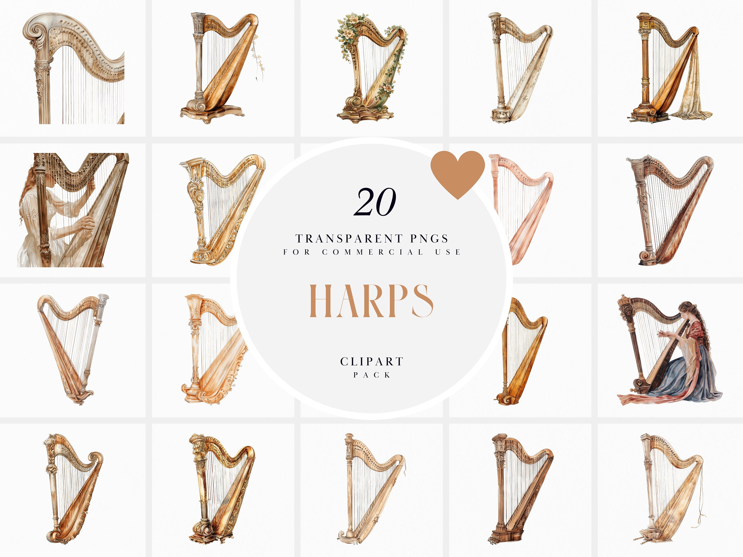 Watercolor Harp Clipart, Classic Harps Clipart, Musical String ...