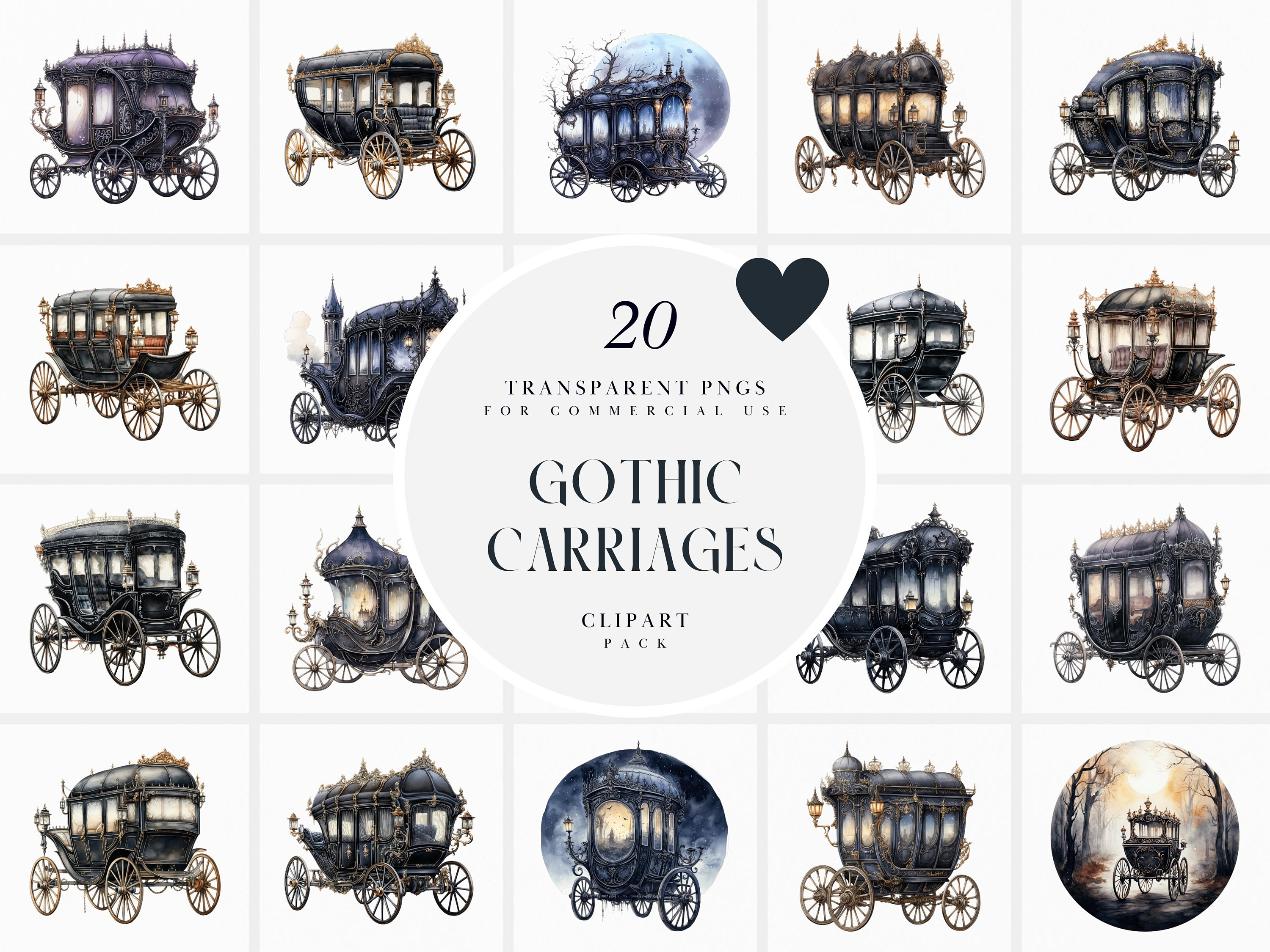 Watercolor Gothic Carriages Clipart, Black Carriage Clipart, Victorian ...