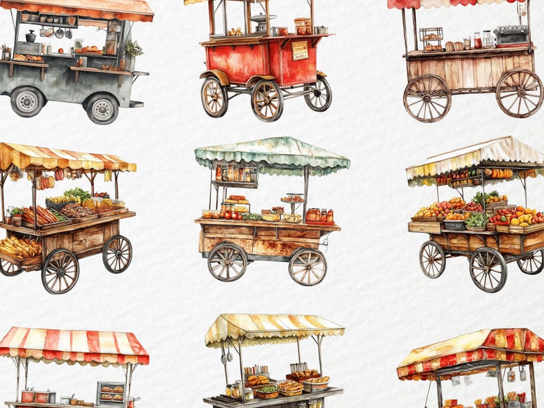 Watercolor Food Cart Clipart, Cart on Wheels, Wagon, Street Food, Cafe ...