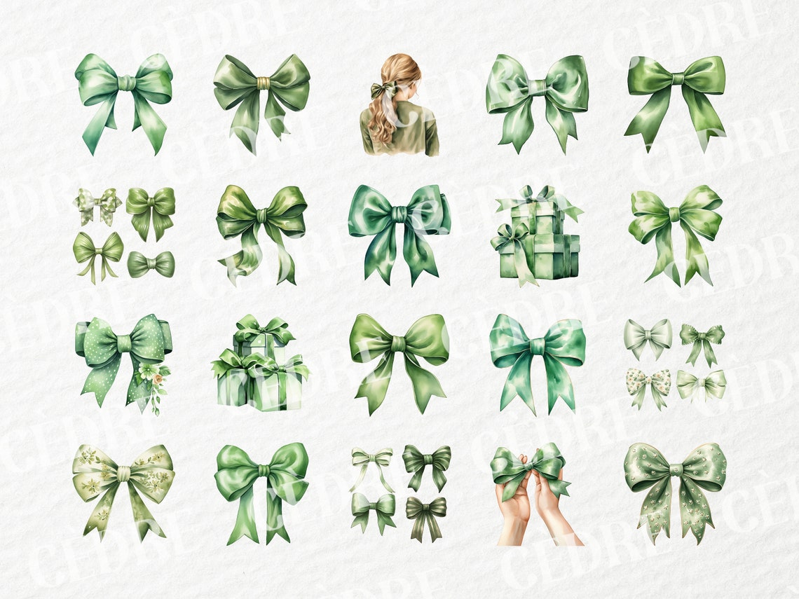 Watercolor Green Bow Clipart, Black Hair Bows Clipart, Green Ribbon ...