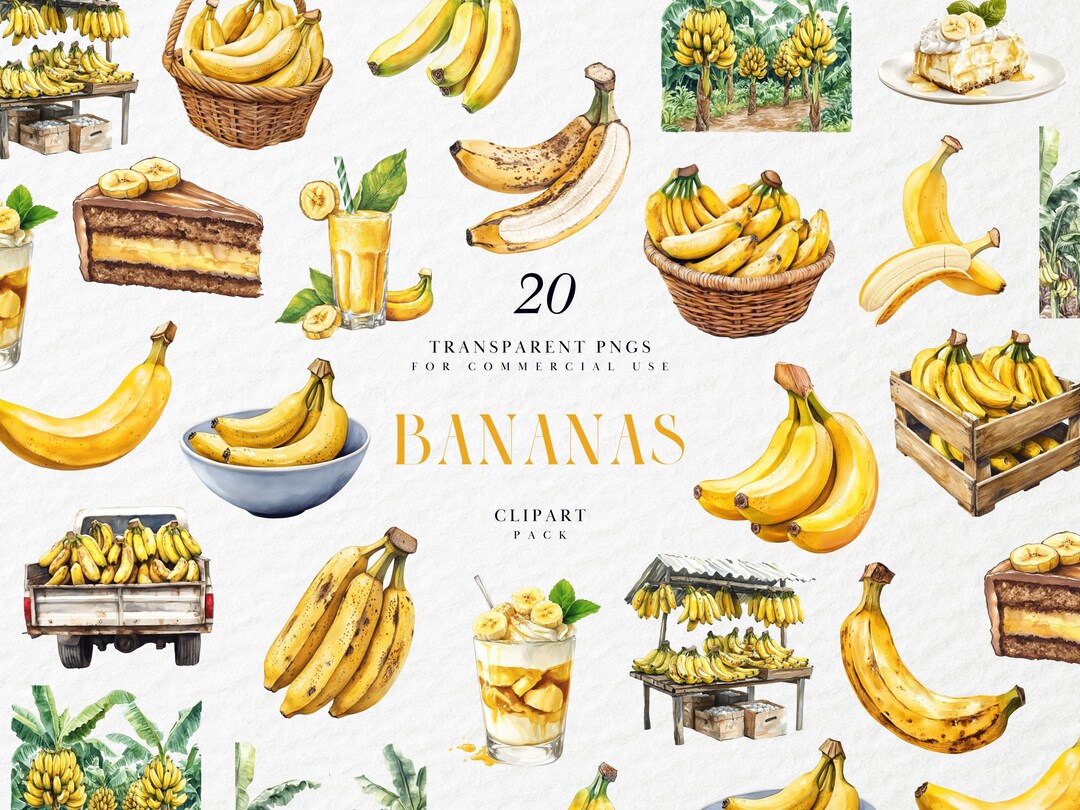 Watercolor Bananas Clipart, Yellow Banana Clipart, Fresh Tropical Fruit ...