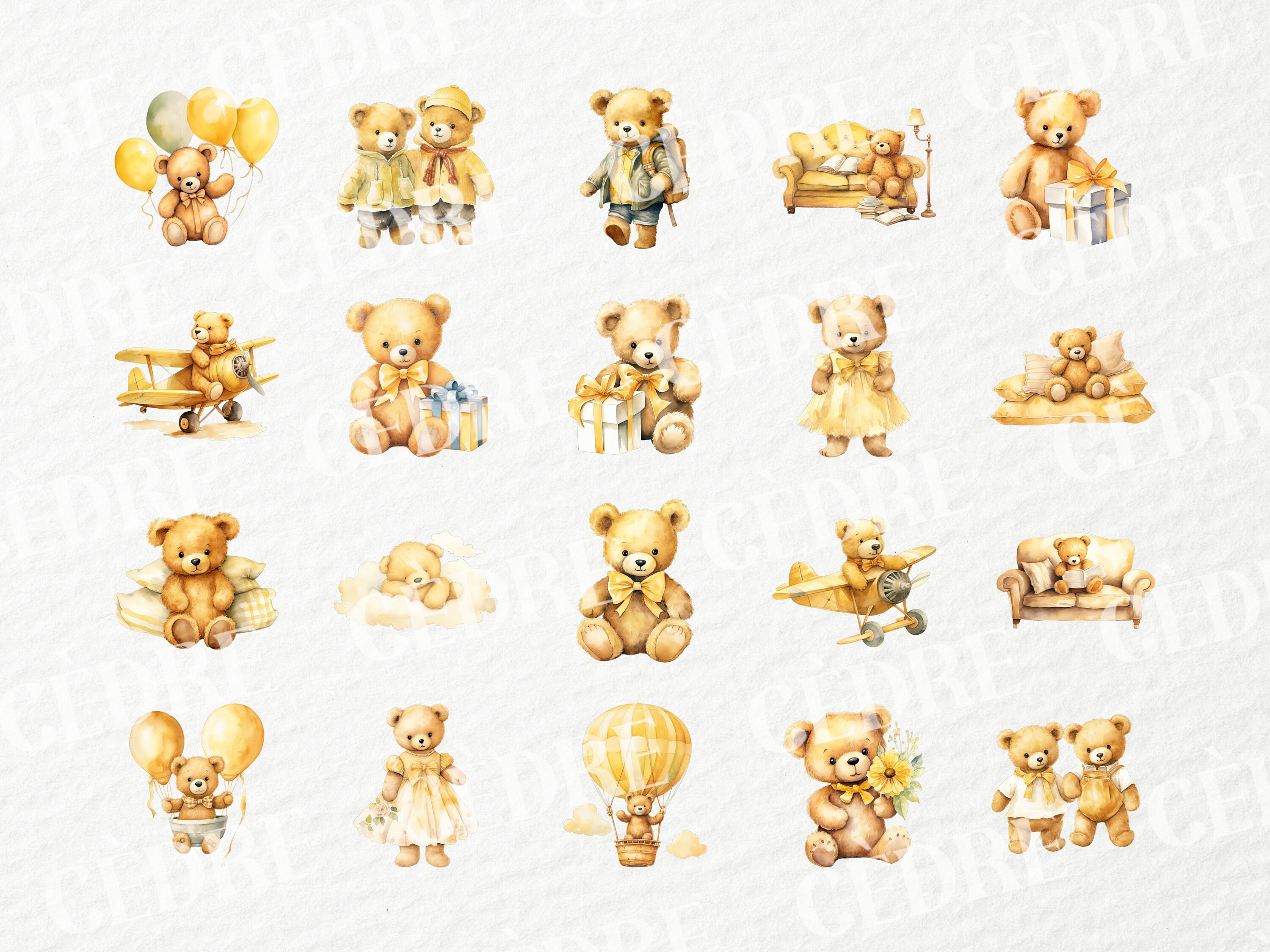 Watercolor Yellow Teddy Bears Clipart, Yellow Nursery Teddy Bear ...