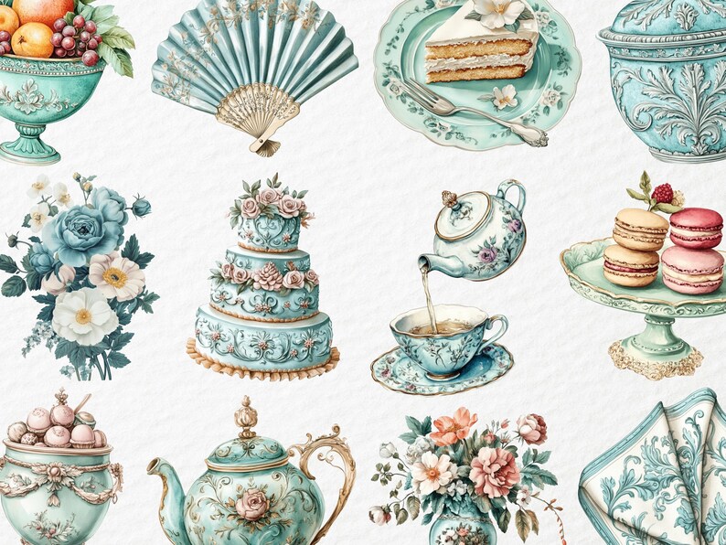 Watercolor Teal Tea Party Clipart, Vintage Floral Teacups With ...