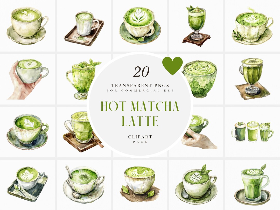 Watercolor Hot Matcha Latte Clipart, Traditional Green Matcha Tea ...
