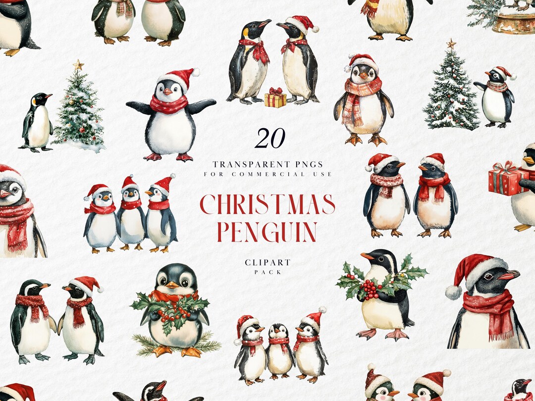Watercolor Christmas Penguins Clipart, Cute Kids Illustration, Xmas ...