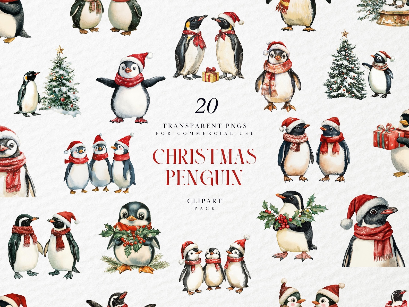 Watercolor Christmas Penguins Clipart, Cute Kids Illustration, Xmas ...