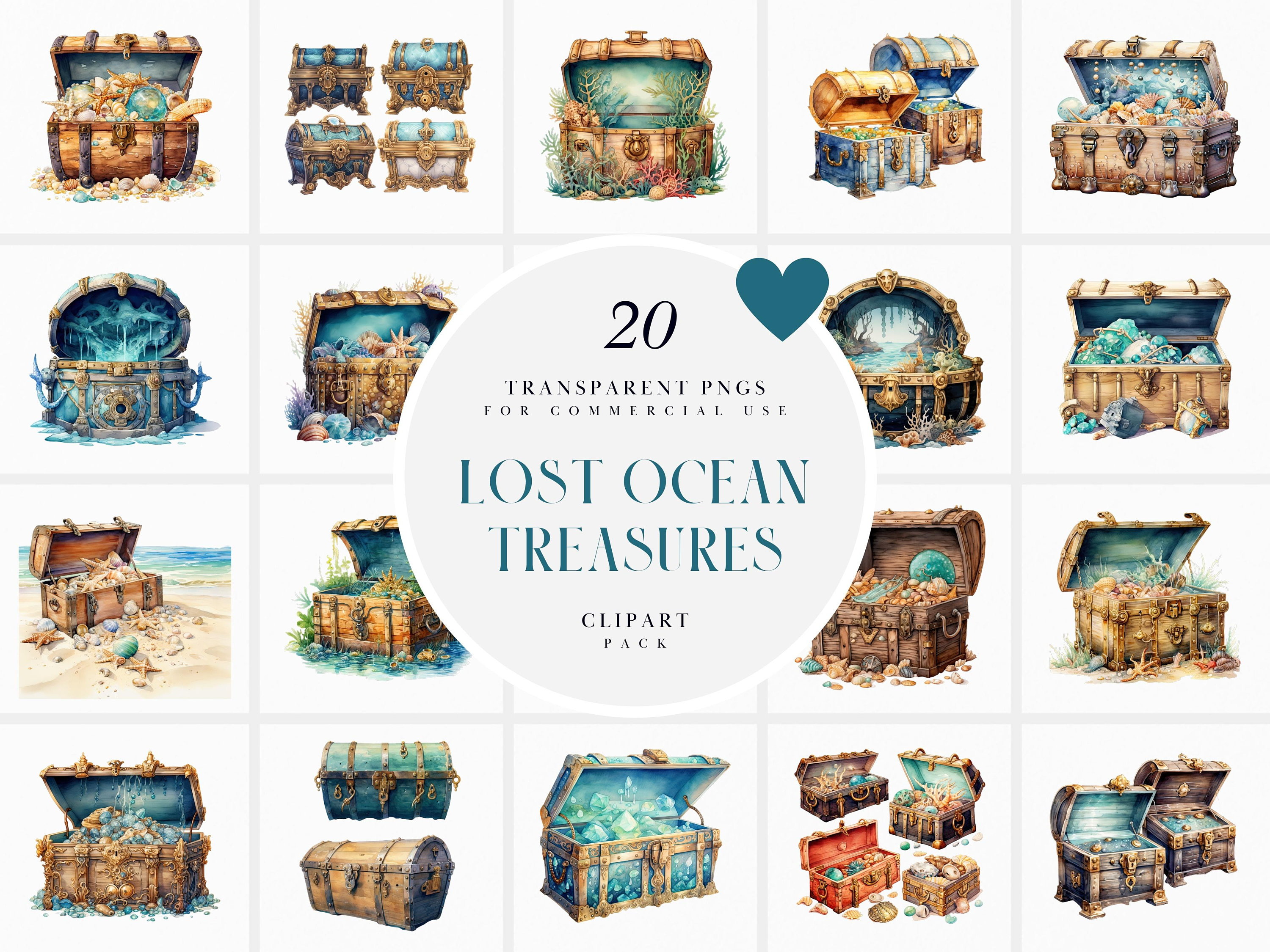 Watercolor Lost Ocean Treasure Clipart, Magical Ocean Treasure Chest ...