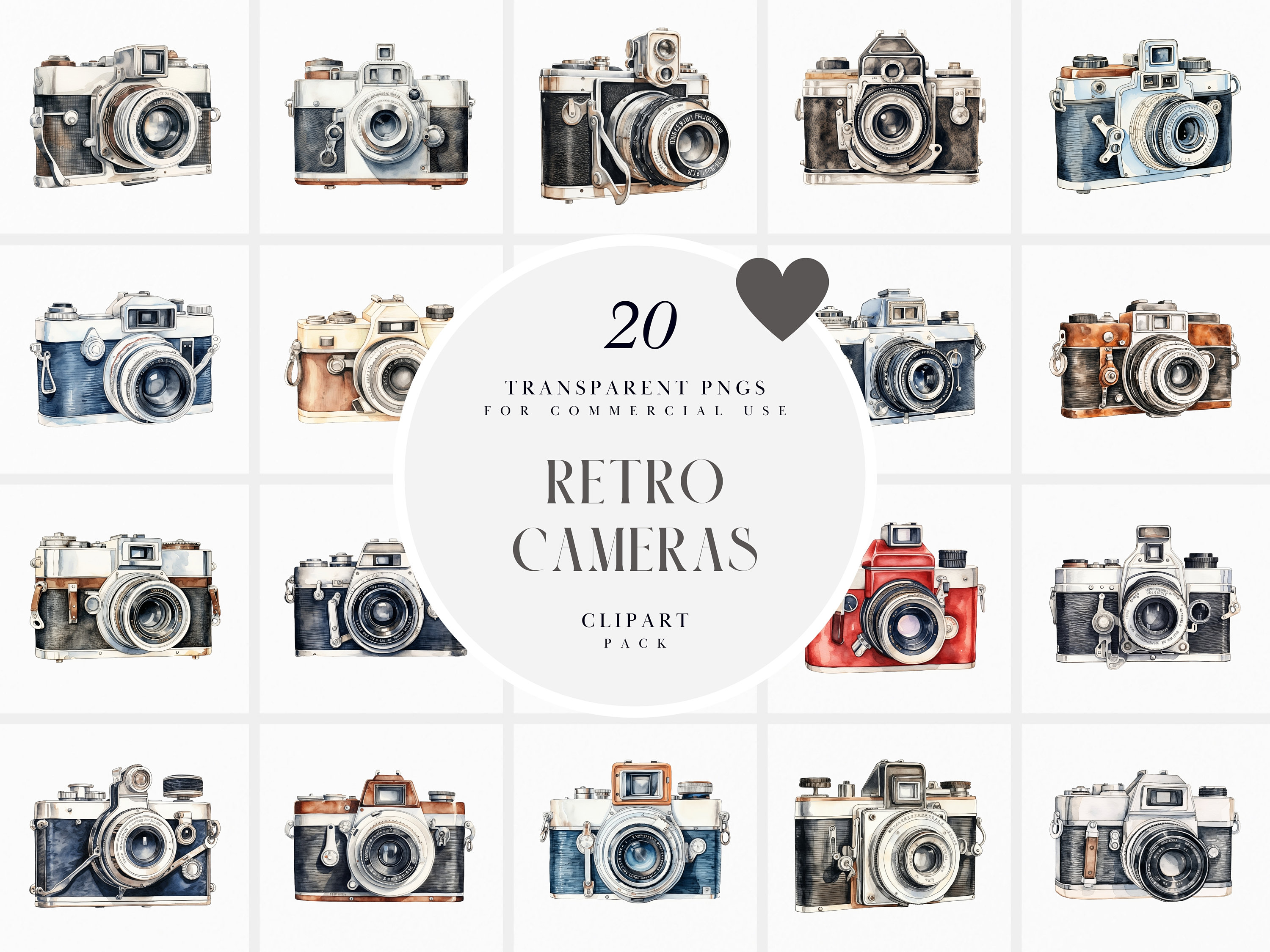 Watercolor Retro Camera Clipart, Vintage Cameras Clipart, Old DSL ...