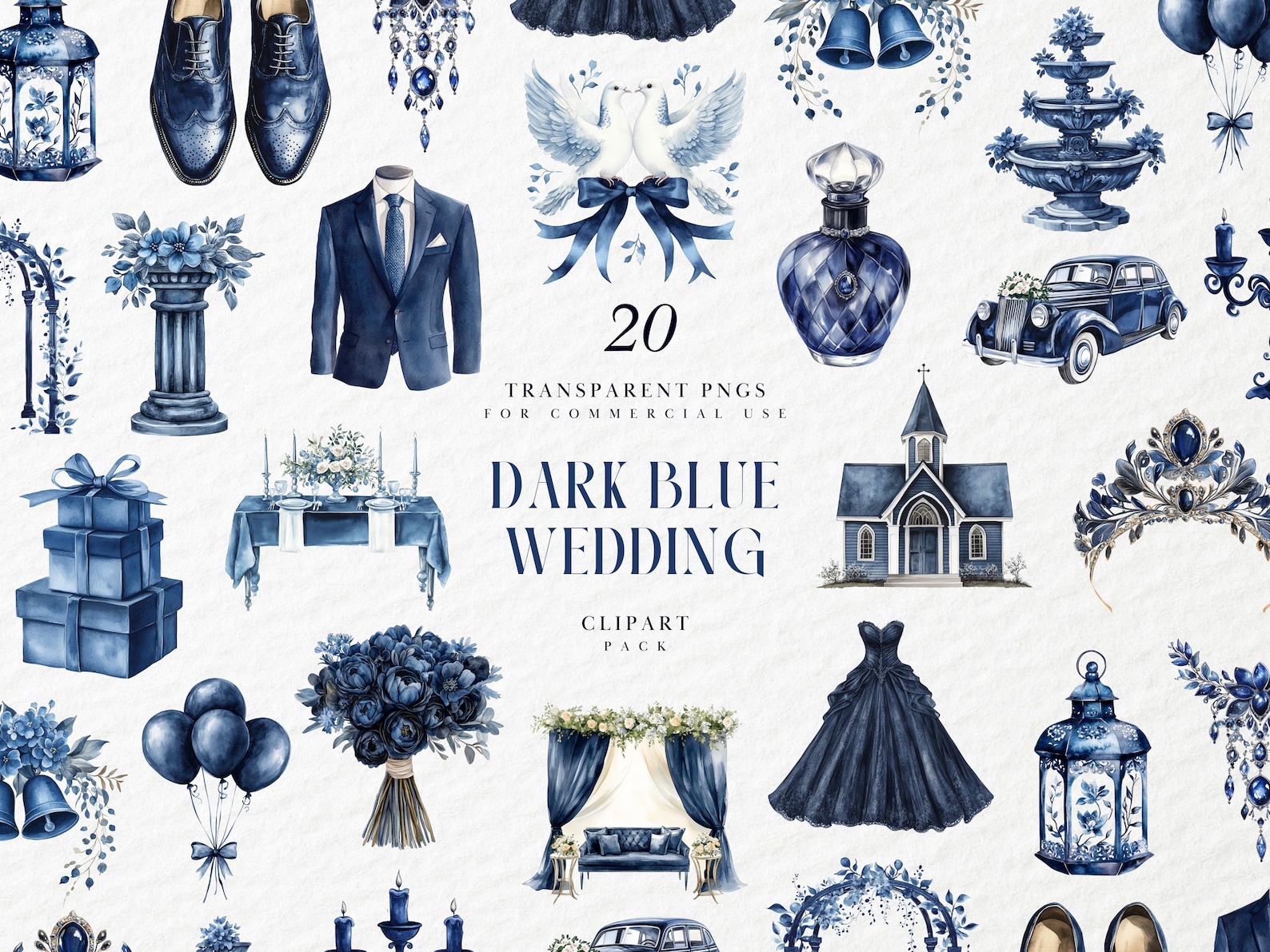 Watercolor Dark Blue Wedding Clipart, Calm Bridal Graphics, Elegant ...