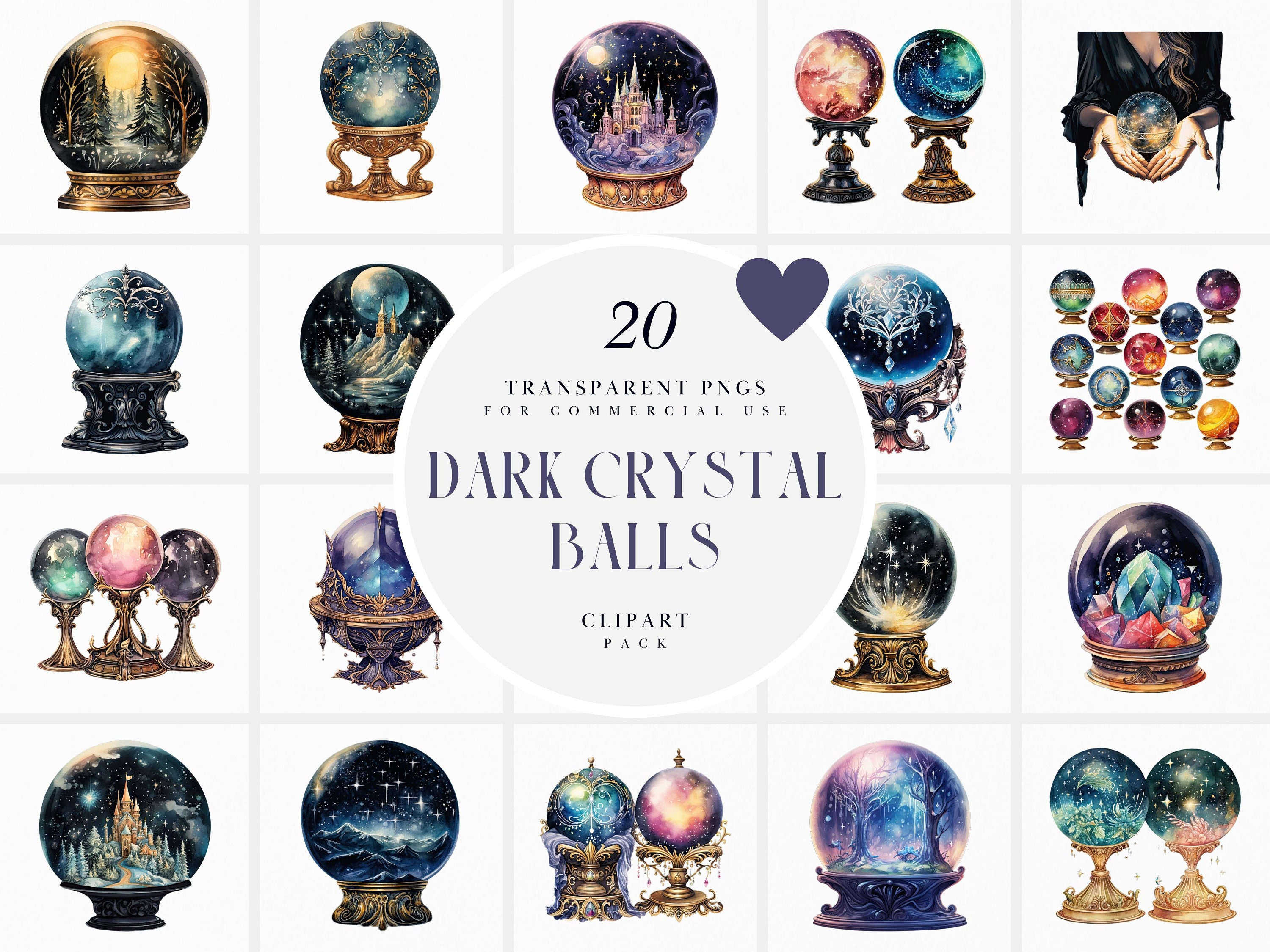 Watercolor Dark Crystal Ball Clipart, Halloween Crystal Balls Clipart ...