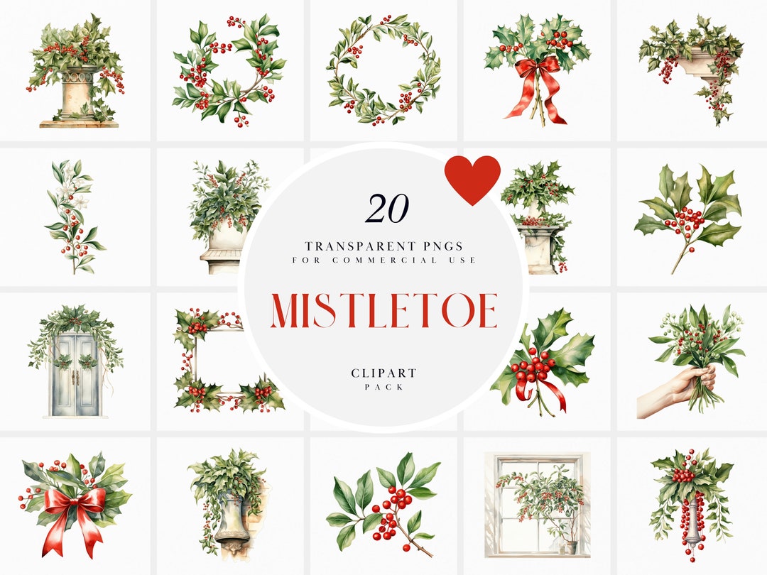 Watercolor Mistletoe Clipart, Christmas Mistletoes Clipart, Red Hanging ...