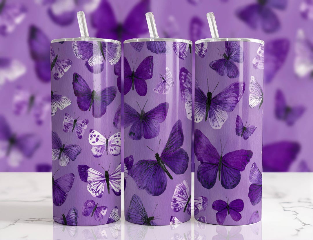 20 Oz Skinny Tumbler Wrap, Purple Butterflies, Whimsical, Straight ...