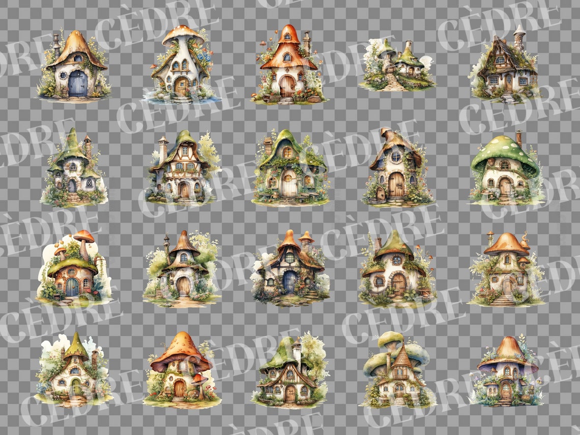 Watercolor Pixie Cottage Clipart, Pixie Cabin Clipart, Whimsical Pixie Cabins, Cute Fantasy ...