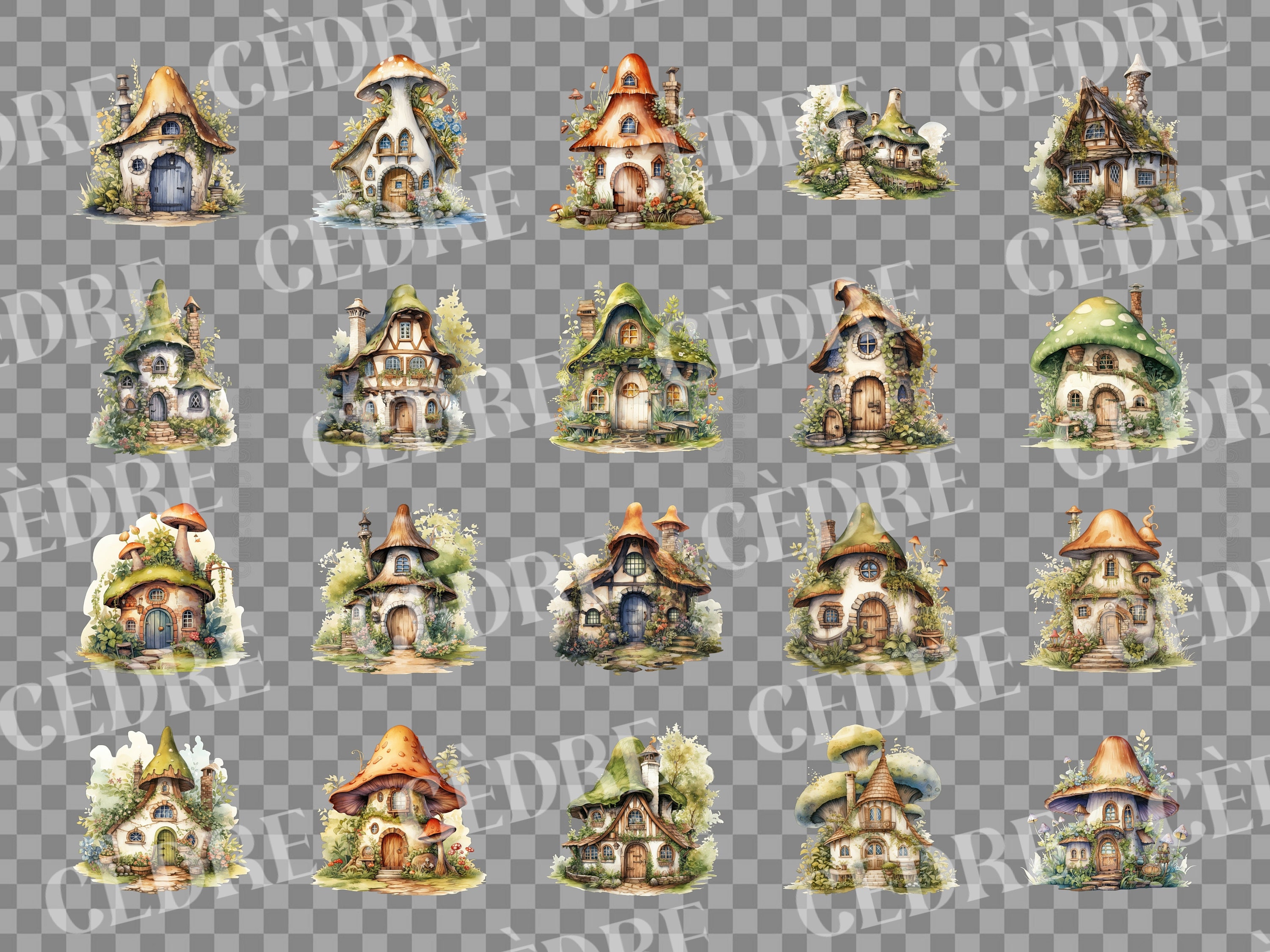 Watercolor Pixie Cottage Clipart, Pixie Cabin Clipart, Whimsical Pixie Cabins, Cute Fantasy ...