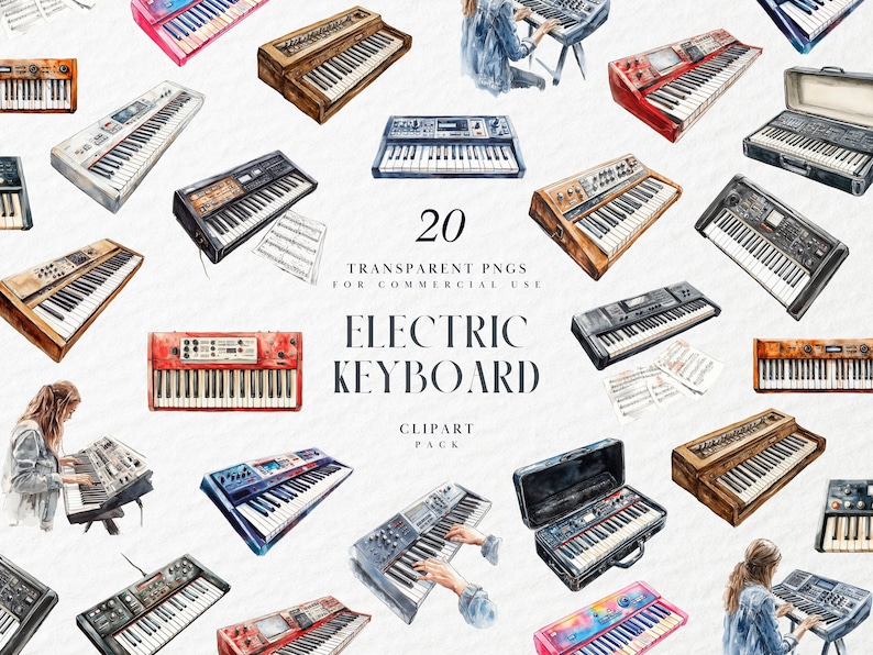 Watercolor Electric Keyboard Clipart, Synthesizer, Digital Portable ...