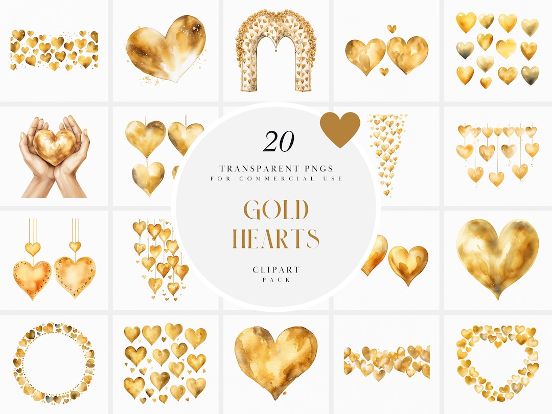 Watercolor Golden Hearts Clipart, Gold Heart Clipart, Heart Shape ...