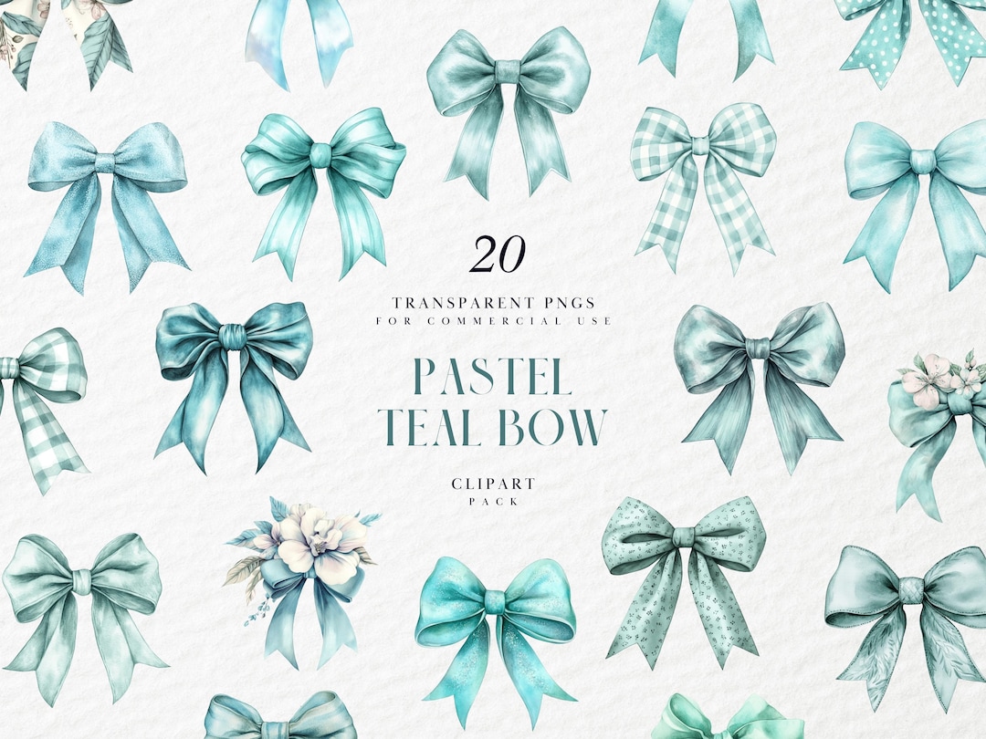 Watercolor Pastel Teal Bow Clipart, Light Teal Bows, Soft Teal Ribbon ...