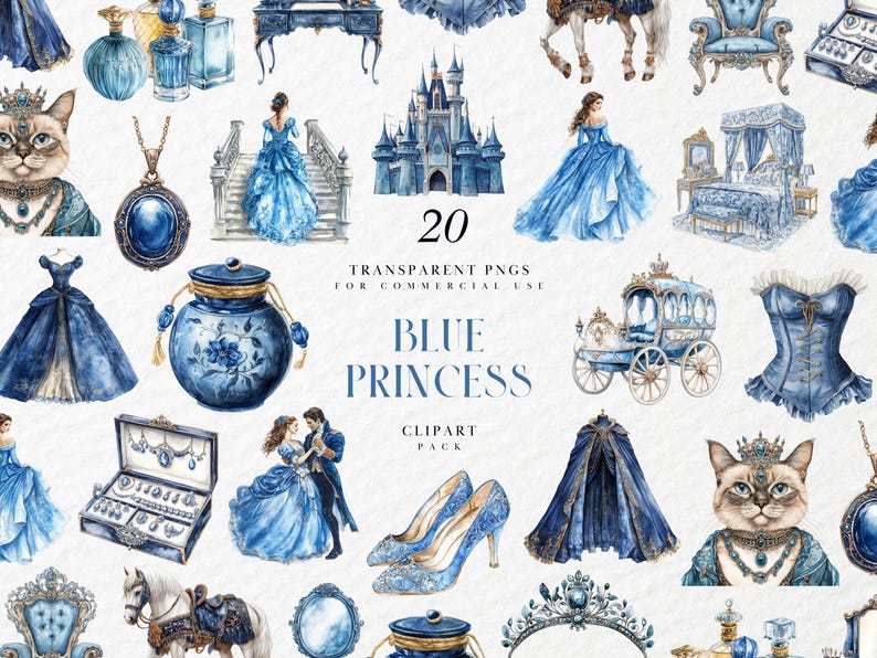 Watercolor Blue Princess Clipart, Regal Royal Gown Style, Fairytale ...
