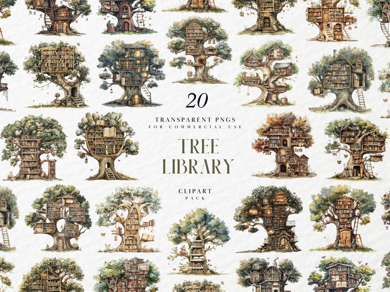 Watercolor Tree Library Clipart, Forest Bookshelf, Woodland Book Lover ...