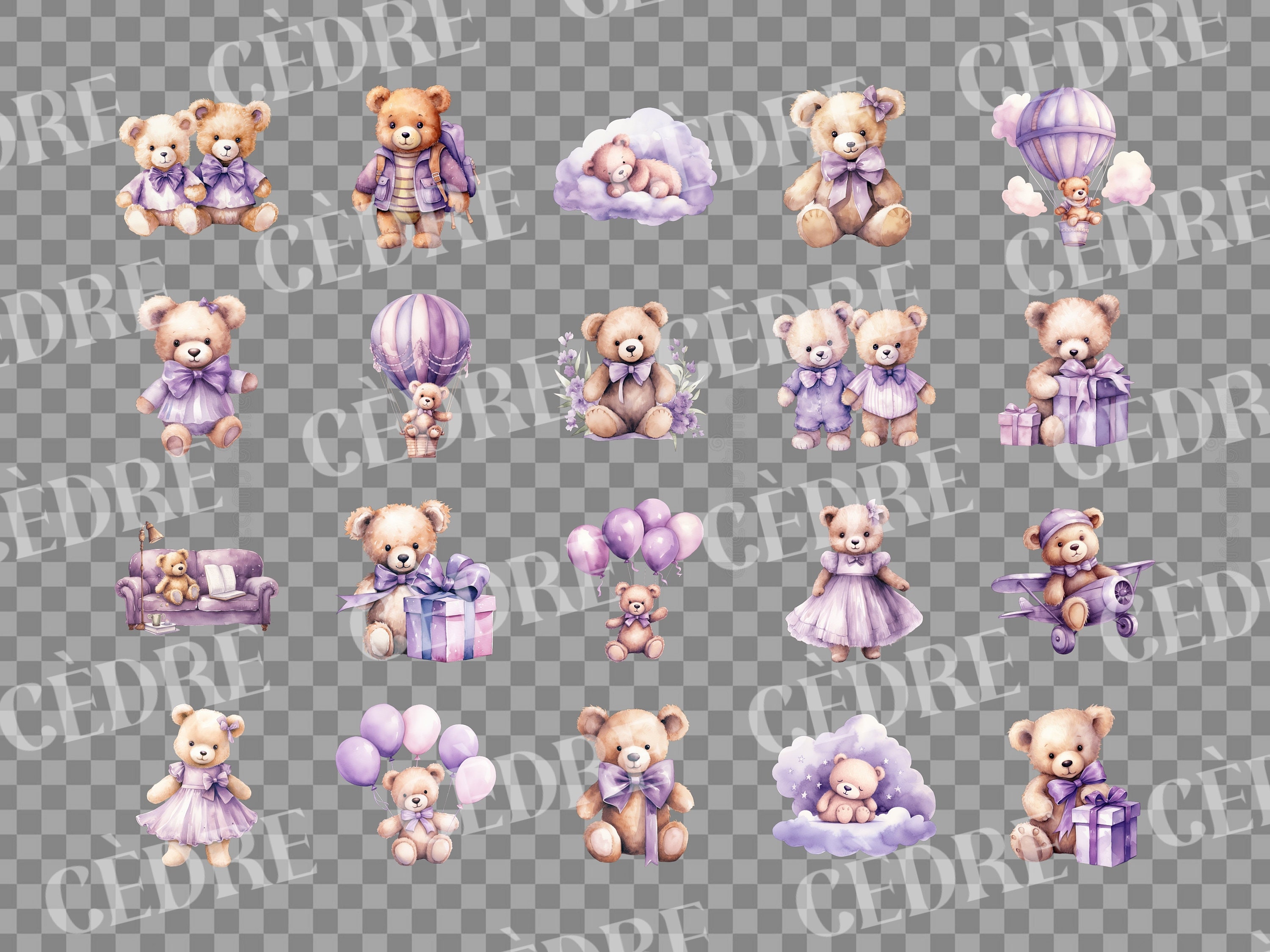 Watercolor Purple Teddy Bears Clipart, Purple Nursery Teddy Bear ...