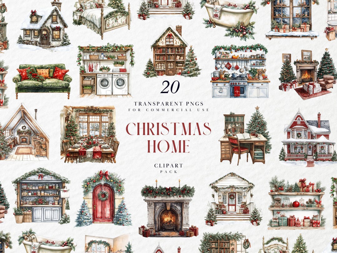 Watercolor Christmas Home Clipart, Cozy Rustic Holiday Interior, Tree ...