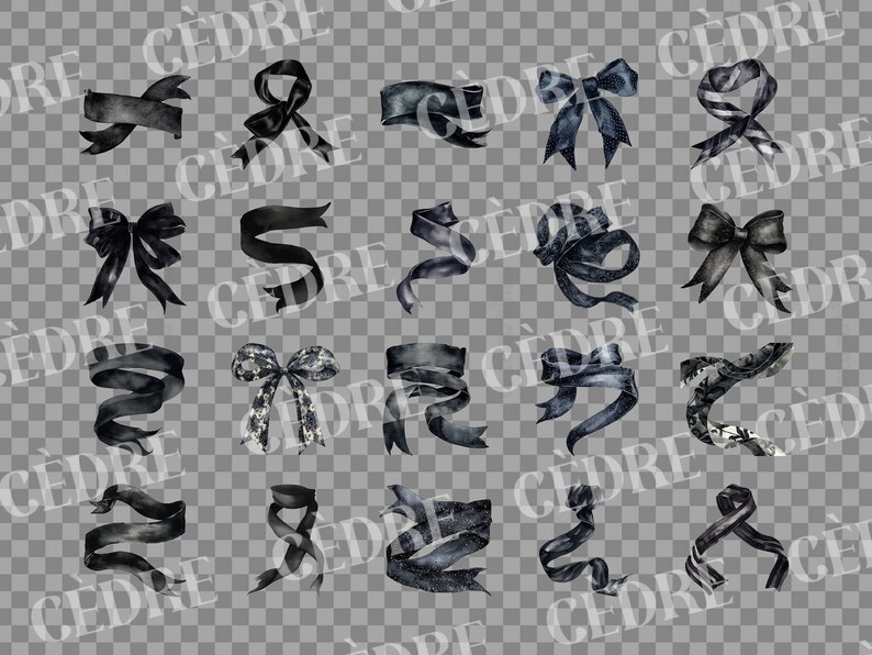Watercolor Black Ribbon Clipart, Black Ribbons Clipart, Decorative ...