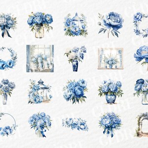 Watercolor Blue Peonies Clipart, Baby Blue Peony Clipart, Blue Floral ...