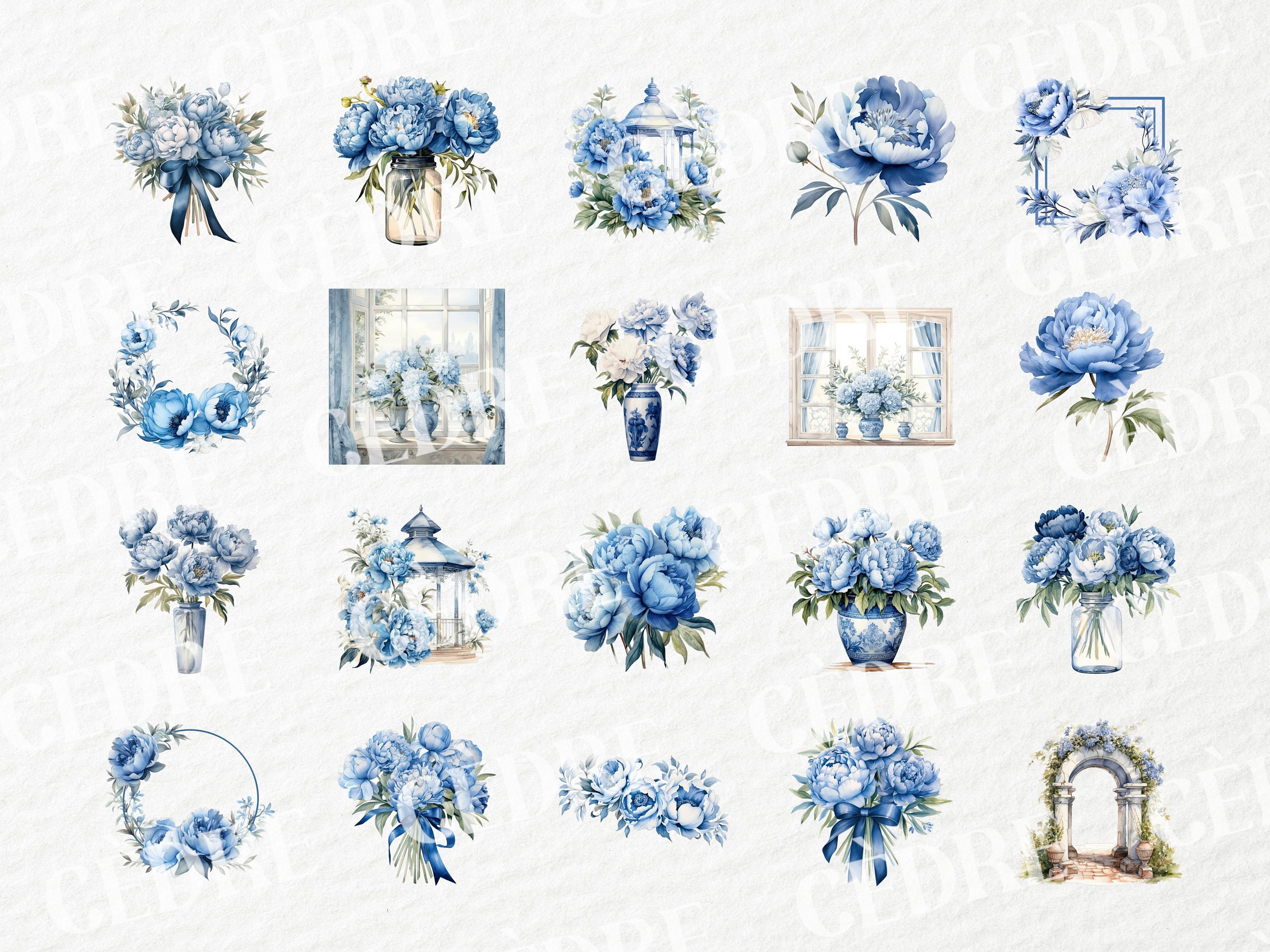 Watercolor Blue Peonies Clipart, Baby Blue Peony Clipart, Blue Floral ...
