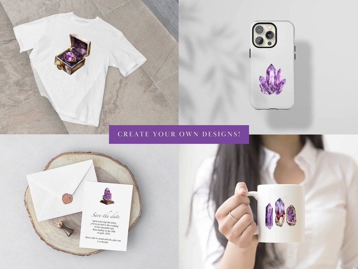 Watercolor Amethyst Clipart, Crystal Amethyst Stone Clipart, Violet ...