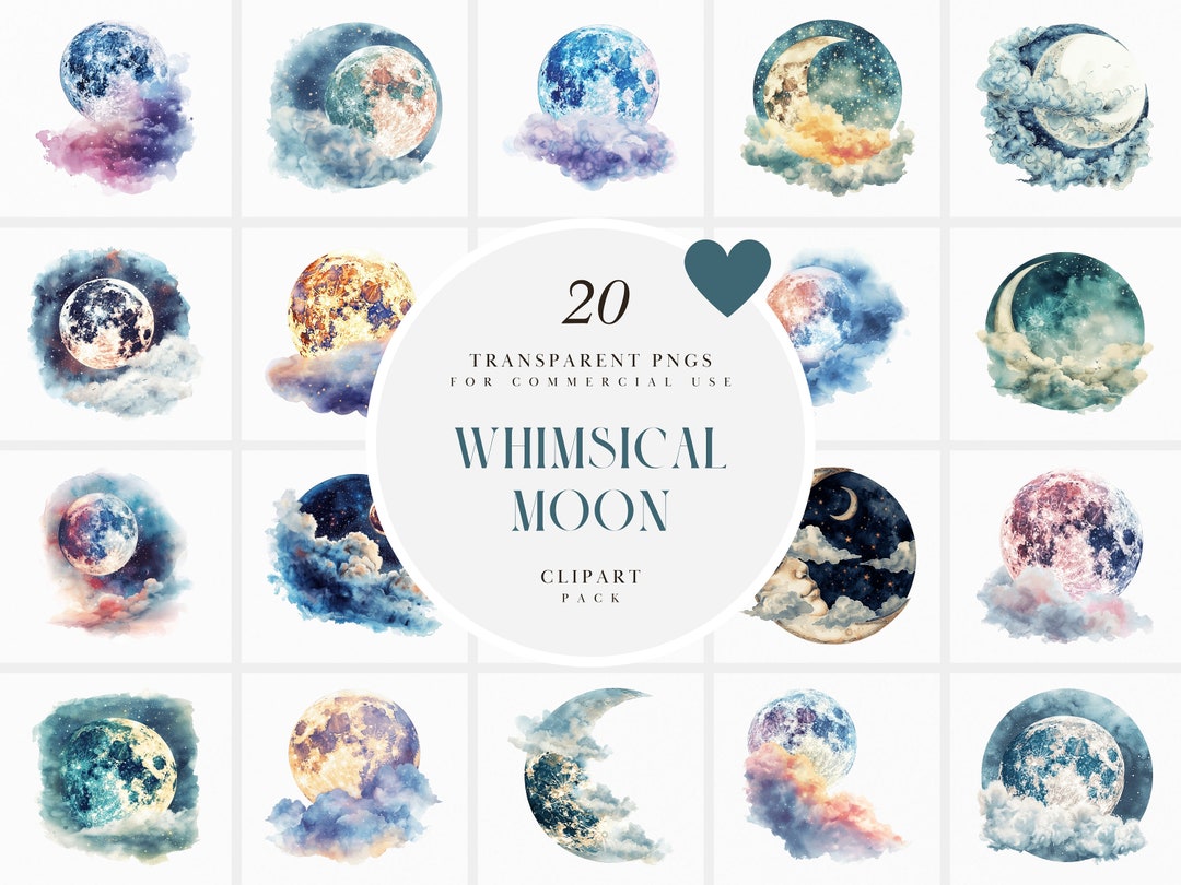 Watercolor Whimsical Moon Clipart, Celestial Full Moon, Astrology ...