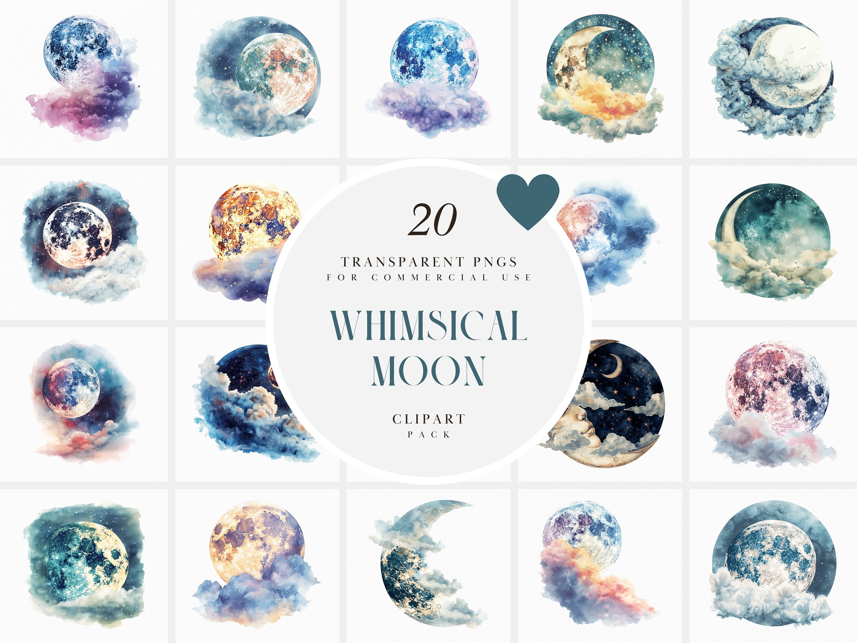 Watercolor Whimsical Moon Clipart, Celestial Full Moon, Astrology ...