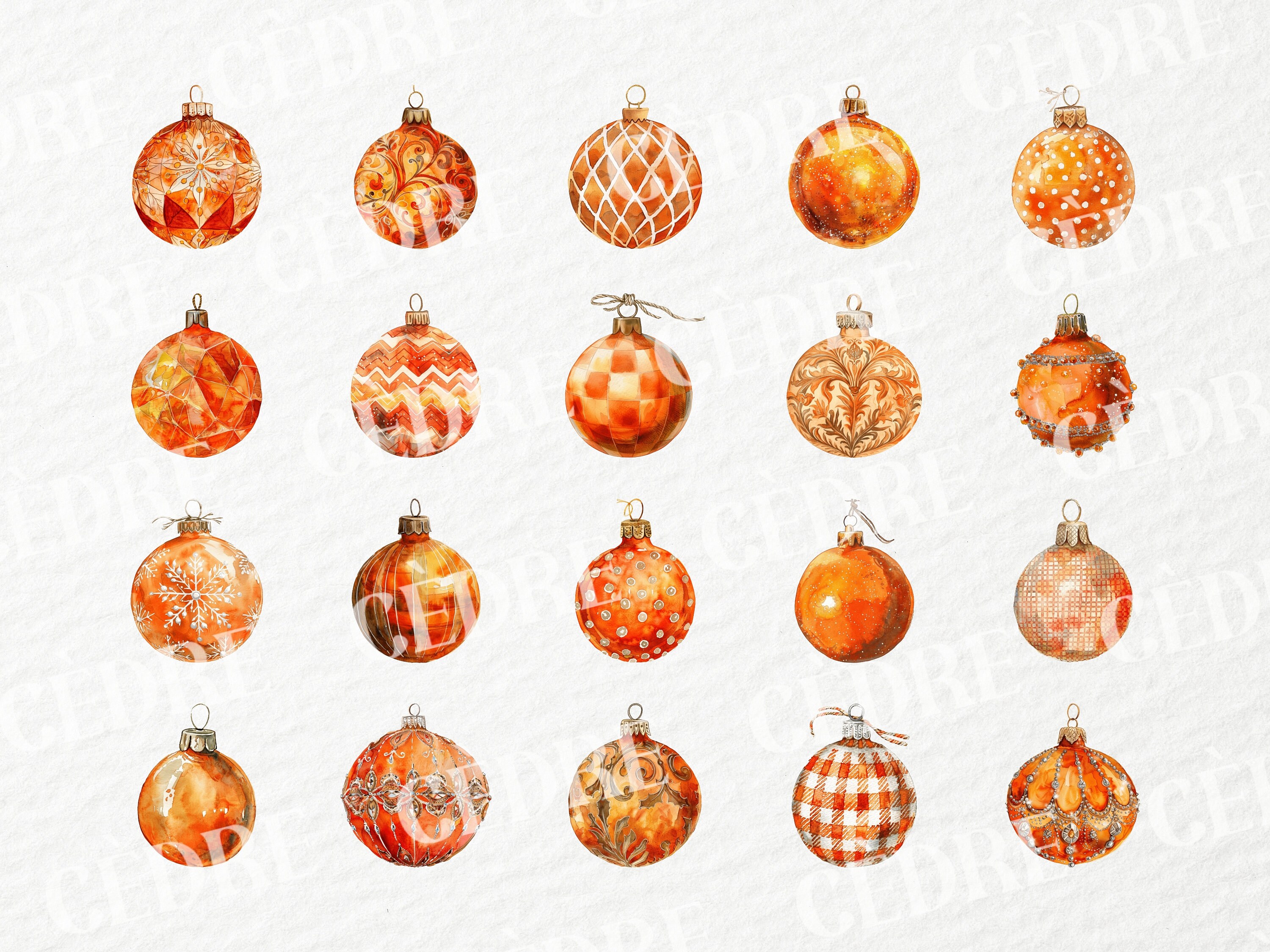 Watercolor Orange Baubles, Christmas Globes, Christmas Tree Ornaments ...