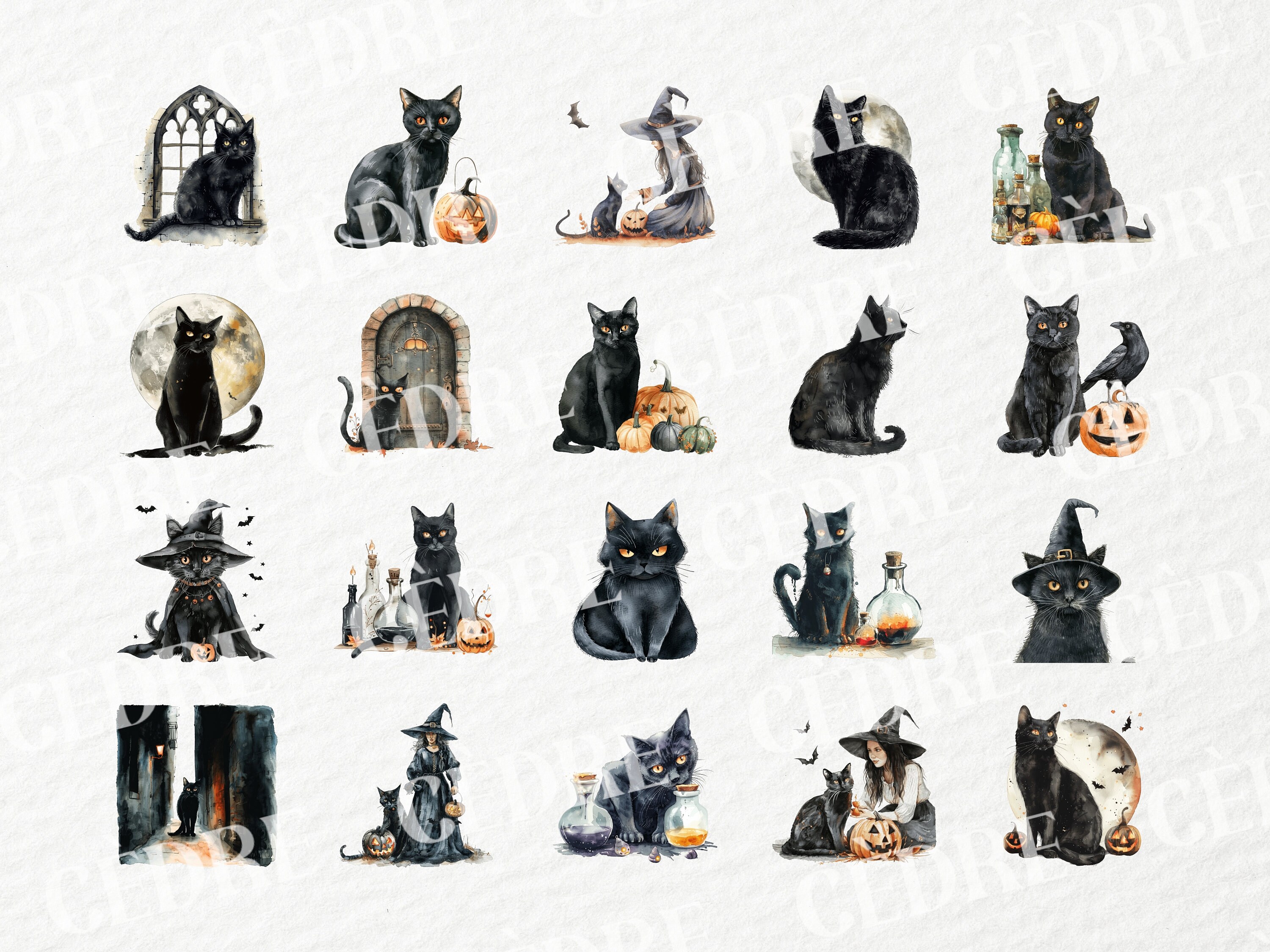Watercolor Witchs Black Cat Clipart, Magical Black Cat Clipart, Fantasy ...