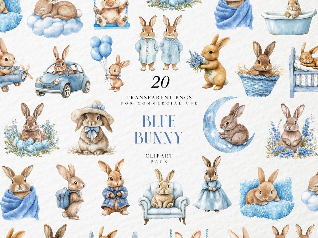 Watercolor Blue Bunny Clipart, Cute Fairy Bunnies, Easter Rabbit, Baby ...