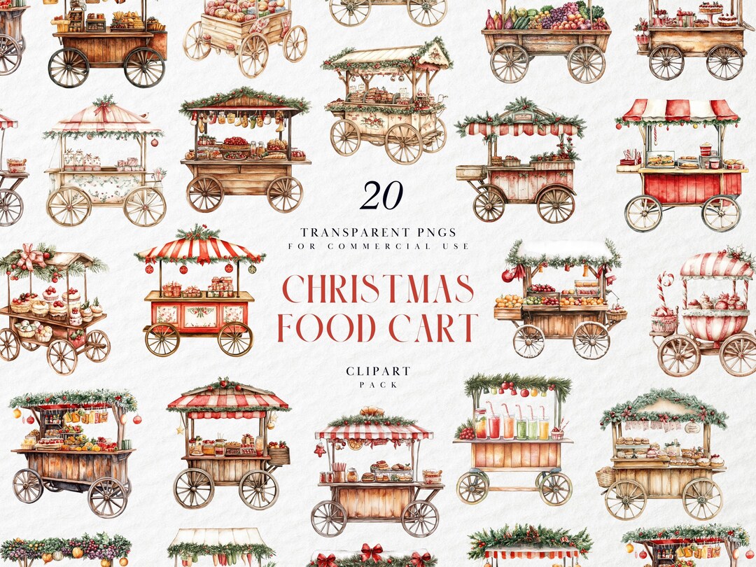 Watercolor Christmas Food Cart Clipart, Cart on Wheels, Wagon, Street ...