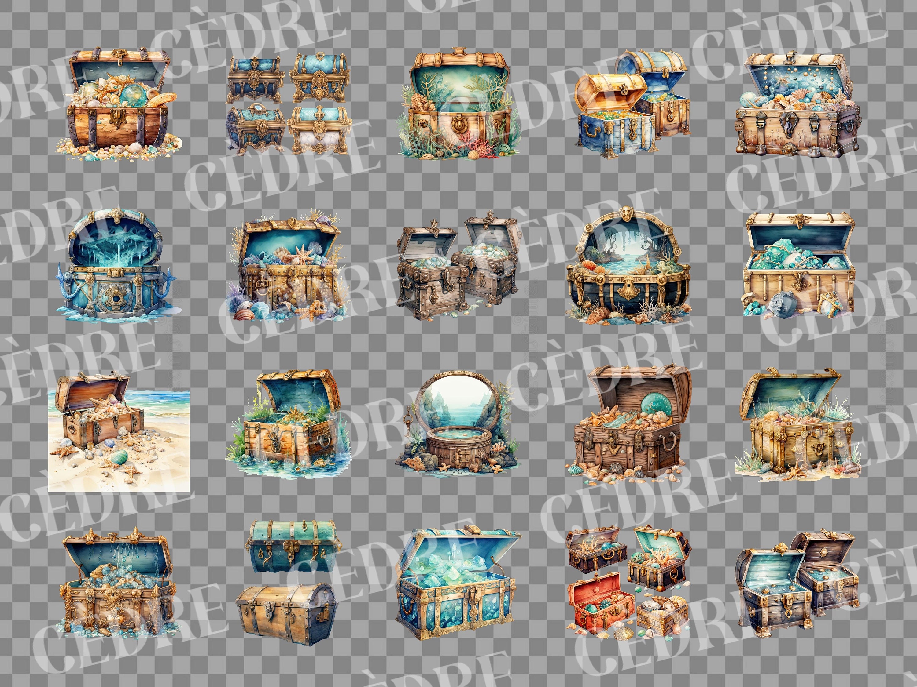 Watercolor Lost Ocean Treasure Clipart, Magical Ocean Treasure Chest ...