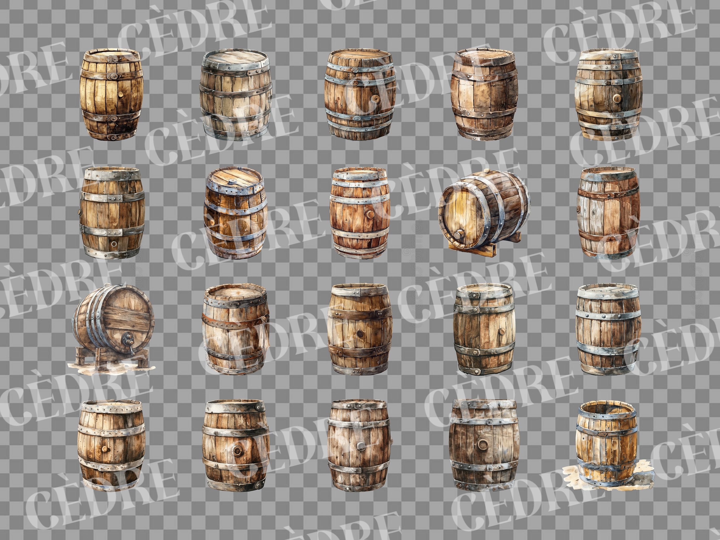 Watercolor Wooden Barrel Clipart, Old Wood Barrels Clipart, Oak ...
