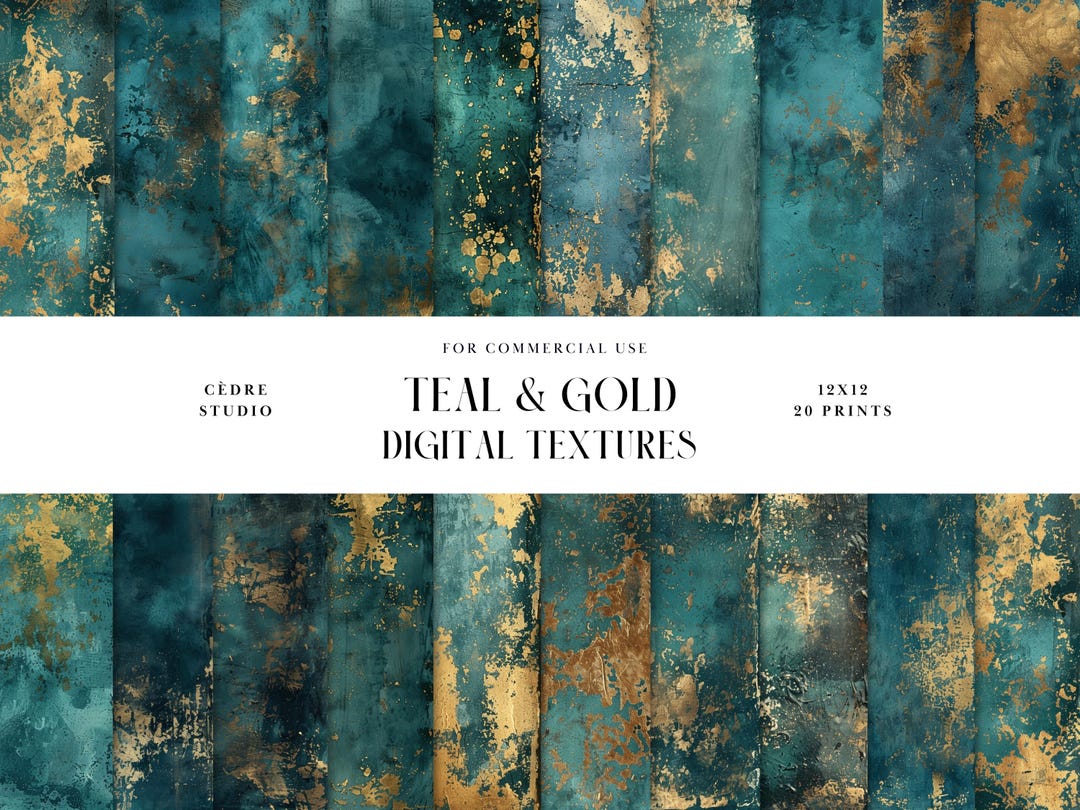 Teal and Gold Digital Textures, Dark Teal and Golden Digital Papers ...