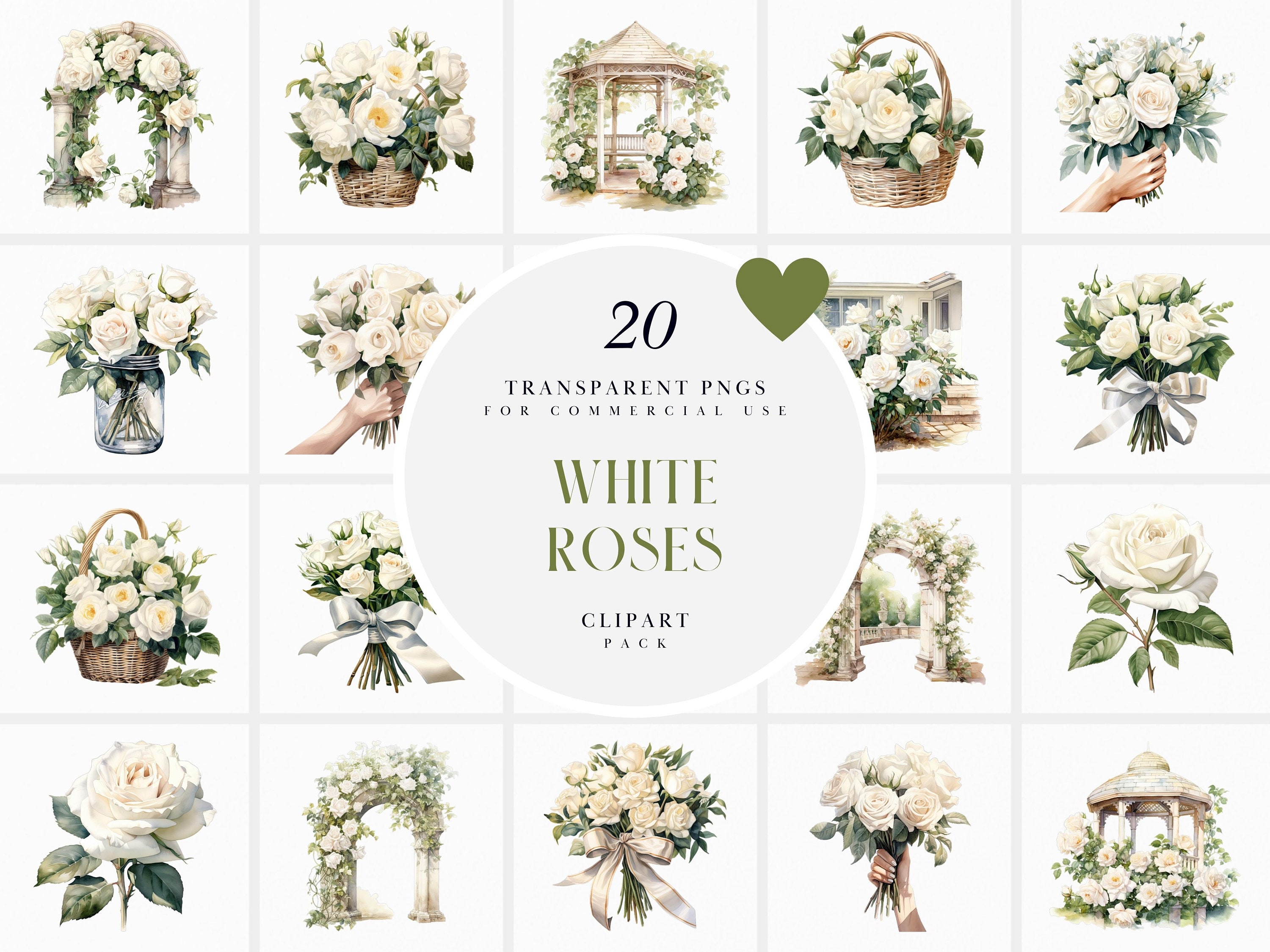 Watercolor White Rose Clipart, Bridal White Roses Clipart, Wedding ...