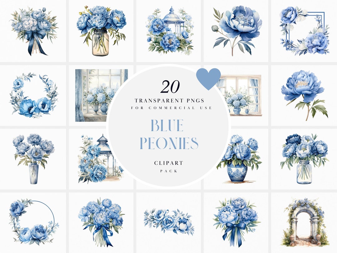 Watercolor Blue Peonies Clipart, Baby Blue Peony Clipart, Blue Floral ...
