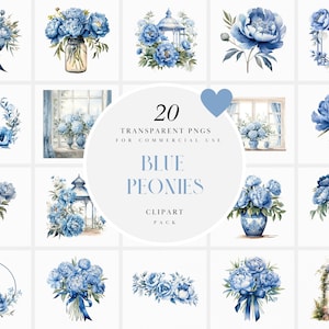 Watercolor Blue Peonies Clipart, Baby Blue Peony Clipart, Blue Floral ...