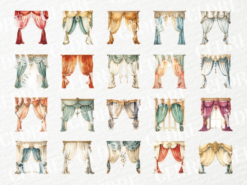 Watercolor Victorian Curtains Clipart, Vintage Window Drapes Clipart ...
