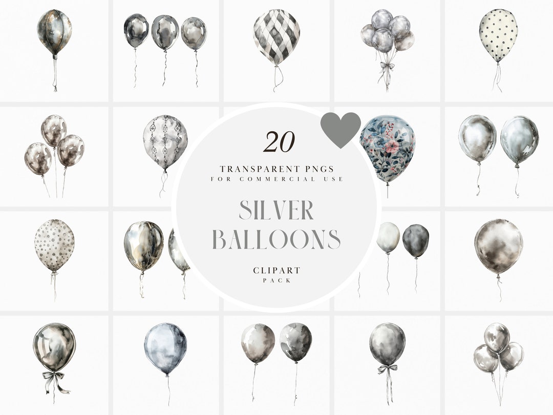 Watercolor Silver Balloon Clipart, Silver Balloons Clipart, Birthday ...