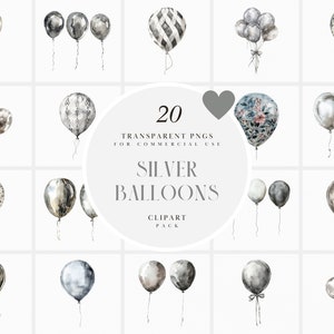Watercolor Silver Balloon Clipart, Silver Balloons Clipart, Birthday ...