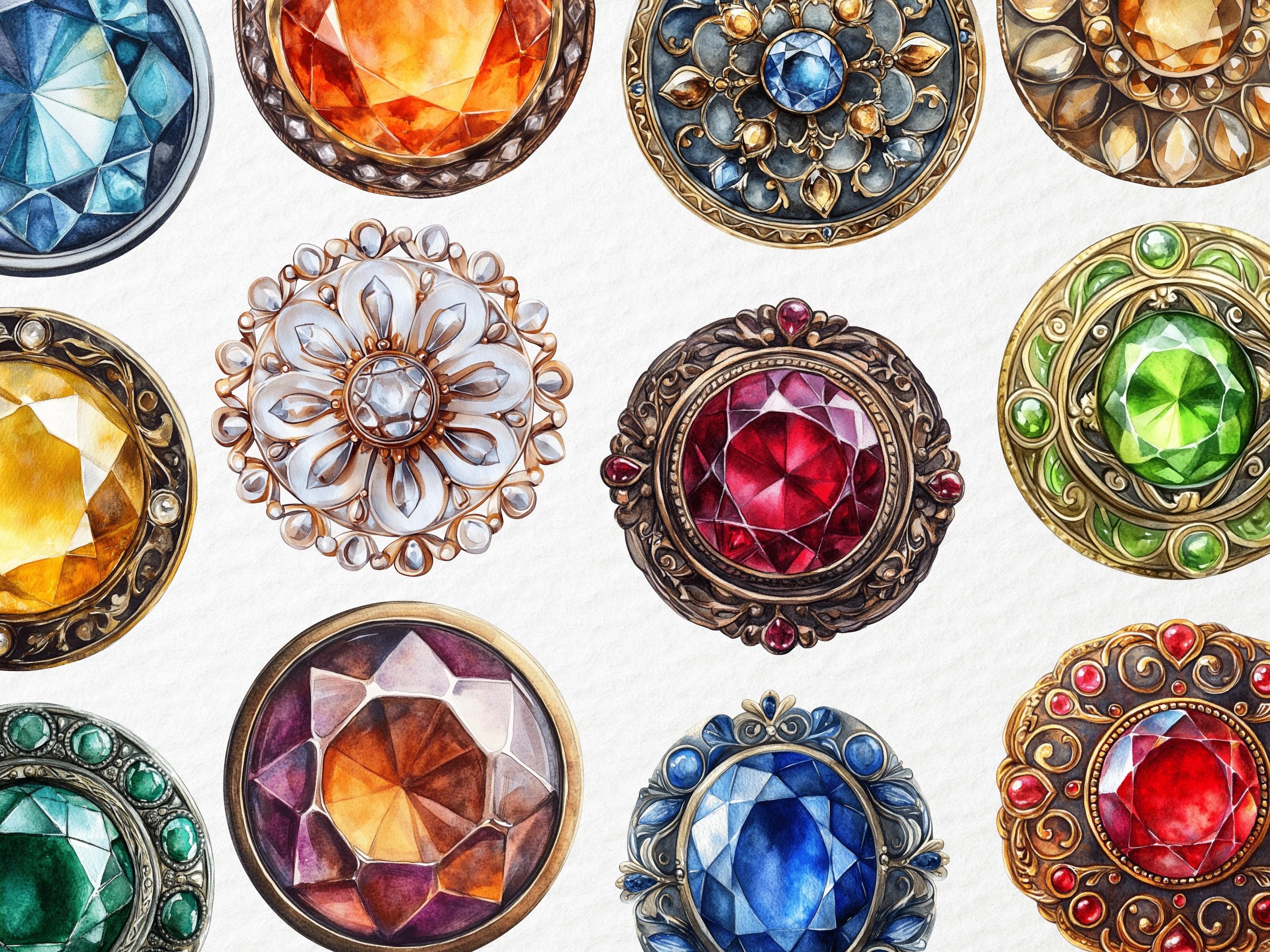Watercolor Gemstone Buttons Clipart, Sparkling Jewel Cutouts ...