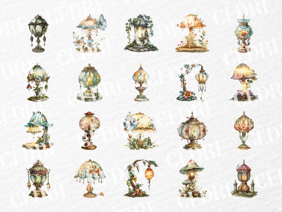 Watercolor Fantasy Bedside Lamps Clipart, Fantasy Oil Lamps Clipart ...