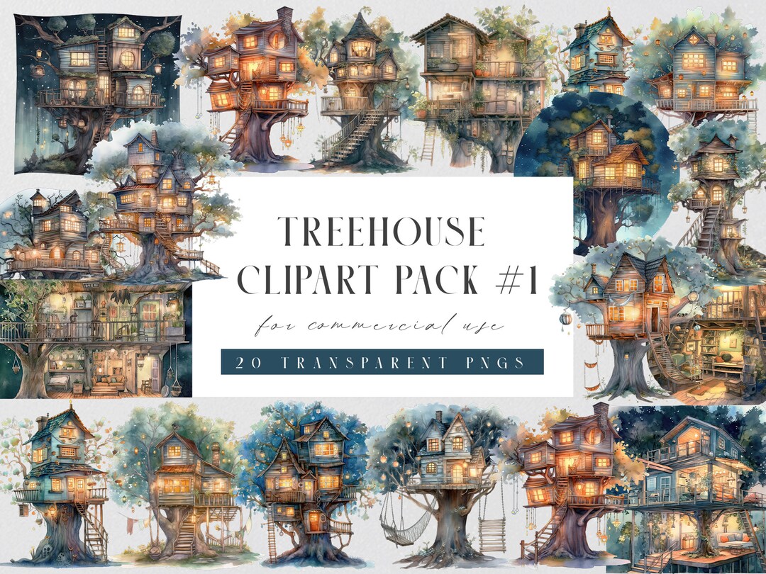 Watercolor Dark Treehouse Clipart Nighttime Treehouses - Etsy