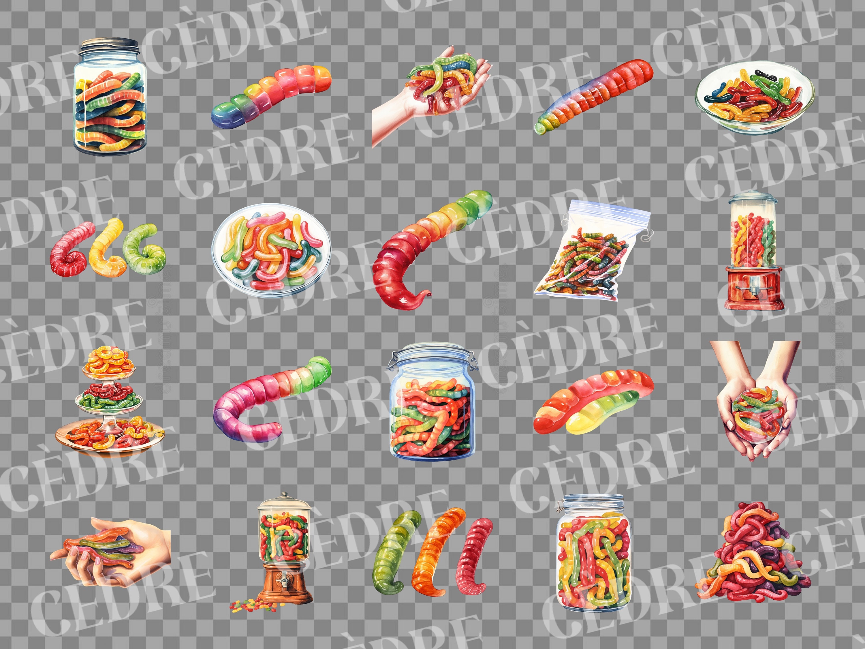 Watercolor Gummy Worms Clipart, Gummies Candy Clipart, Candy in Wrapper ...
