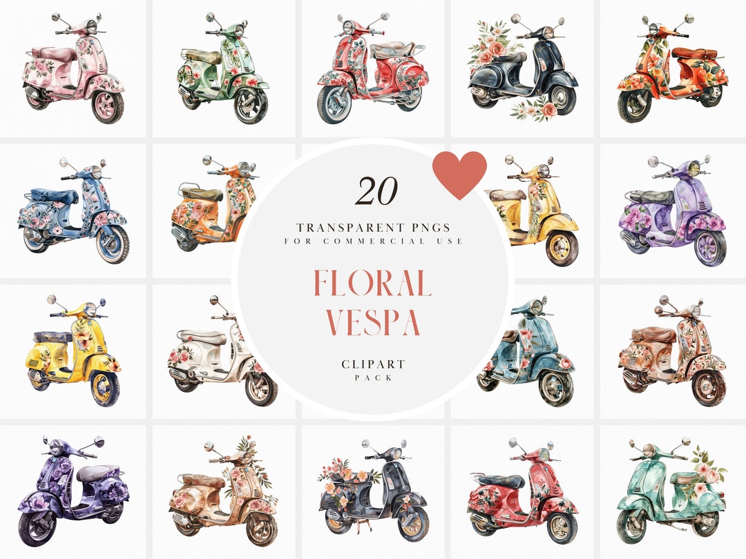 Watercolor Floral Vespas Clipart, Colorful Vespa, Italian Electric ...